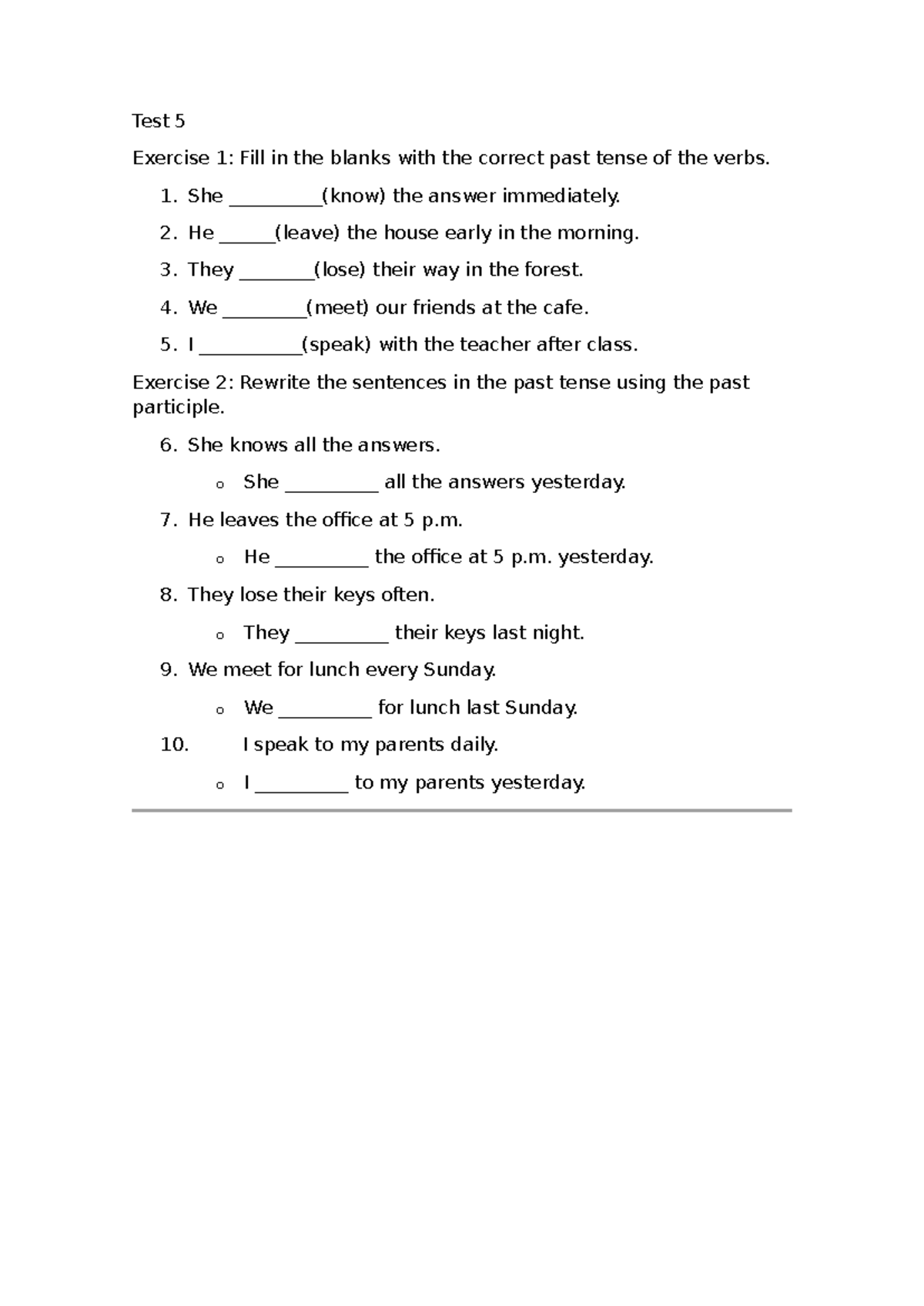 Verb Test MYP 3-4-5 - PAST SIMPLE AND PAST PARTICIPLE - Exercise 1 ...