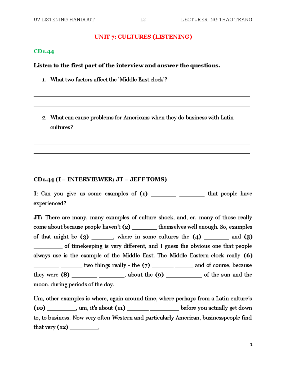 UNIT 7: CULTURES - Listening Lecture Notes (L2) - Studocu