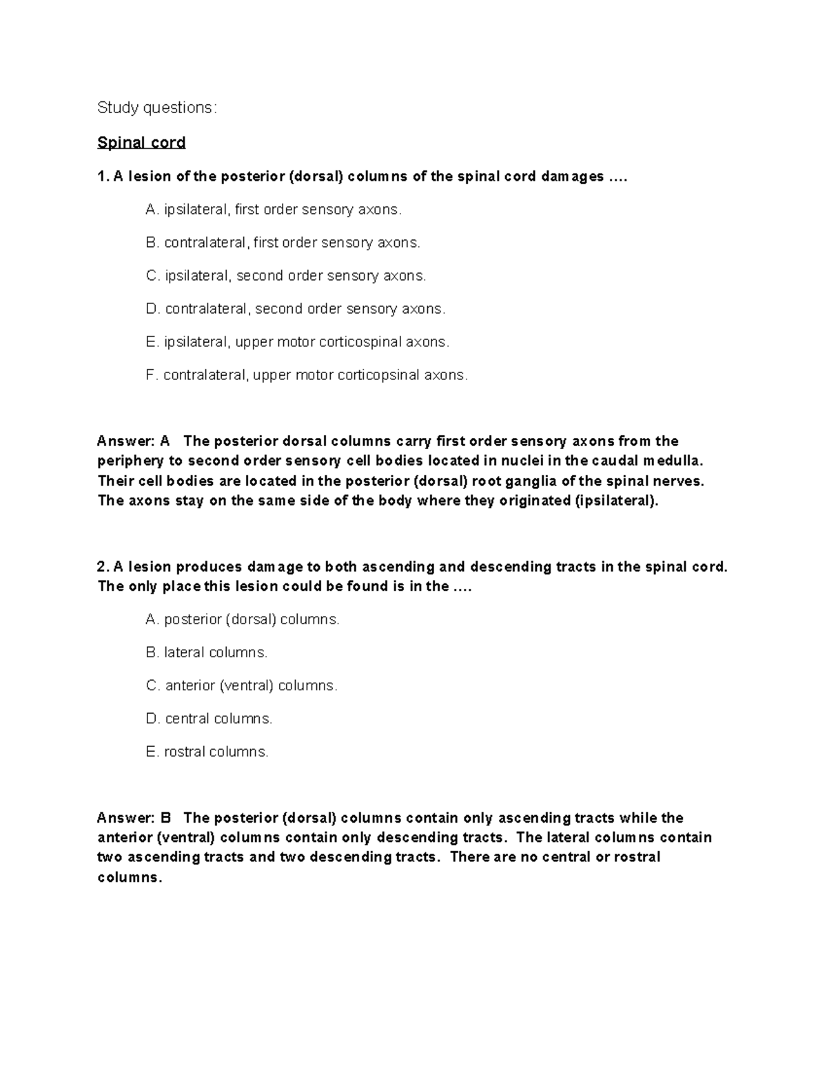 Study Questions: Anatomy of the Spinal Cord and Brainstem - Studocu