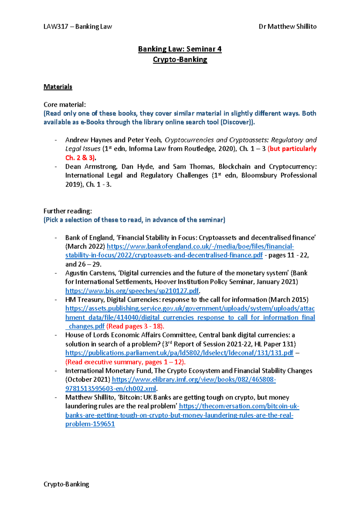 Banking Law Seminar 4 (2024) Questions - LAW317 – Banking Law Dr ...