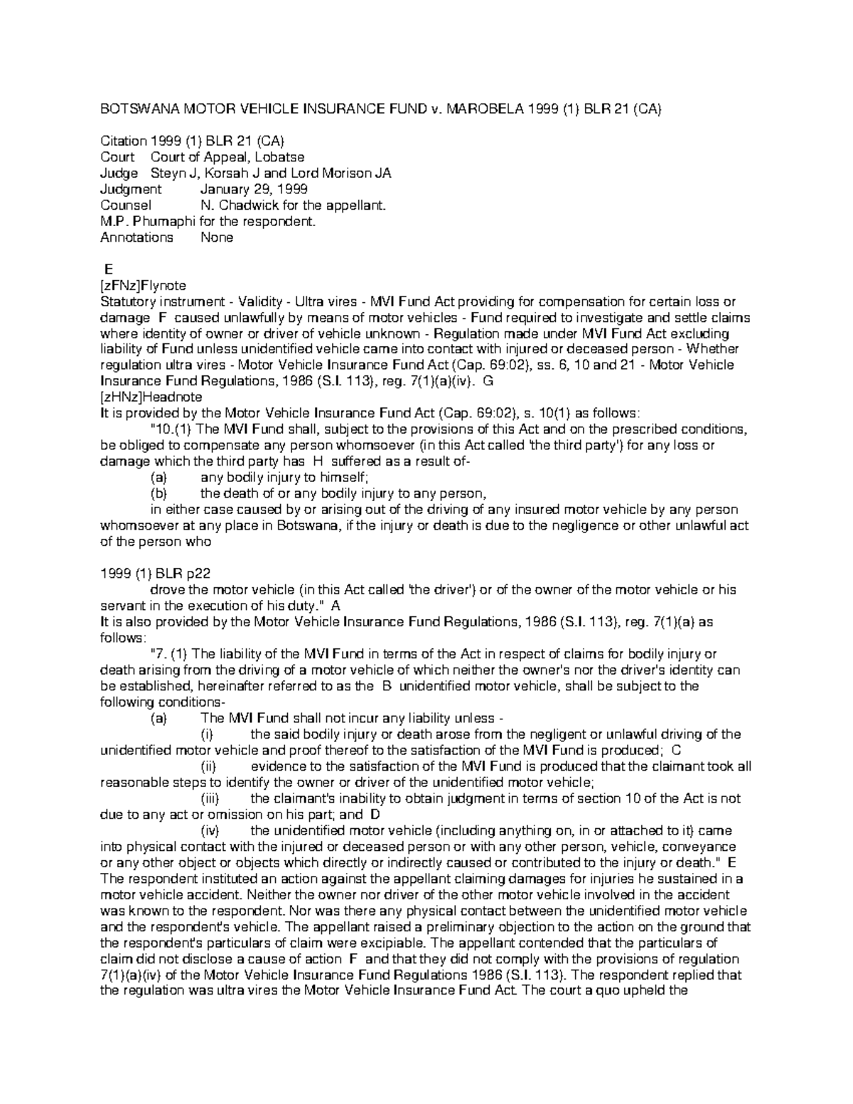 Case Analysis: Botswana Motor Vehicle Insurance Fund v. Marobela - 1999 ...