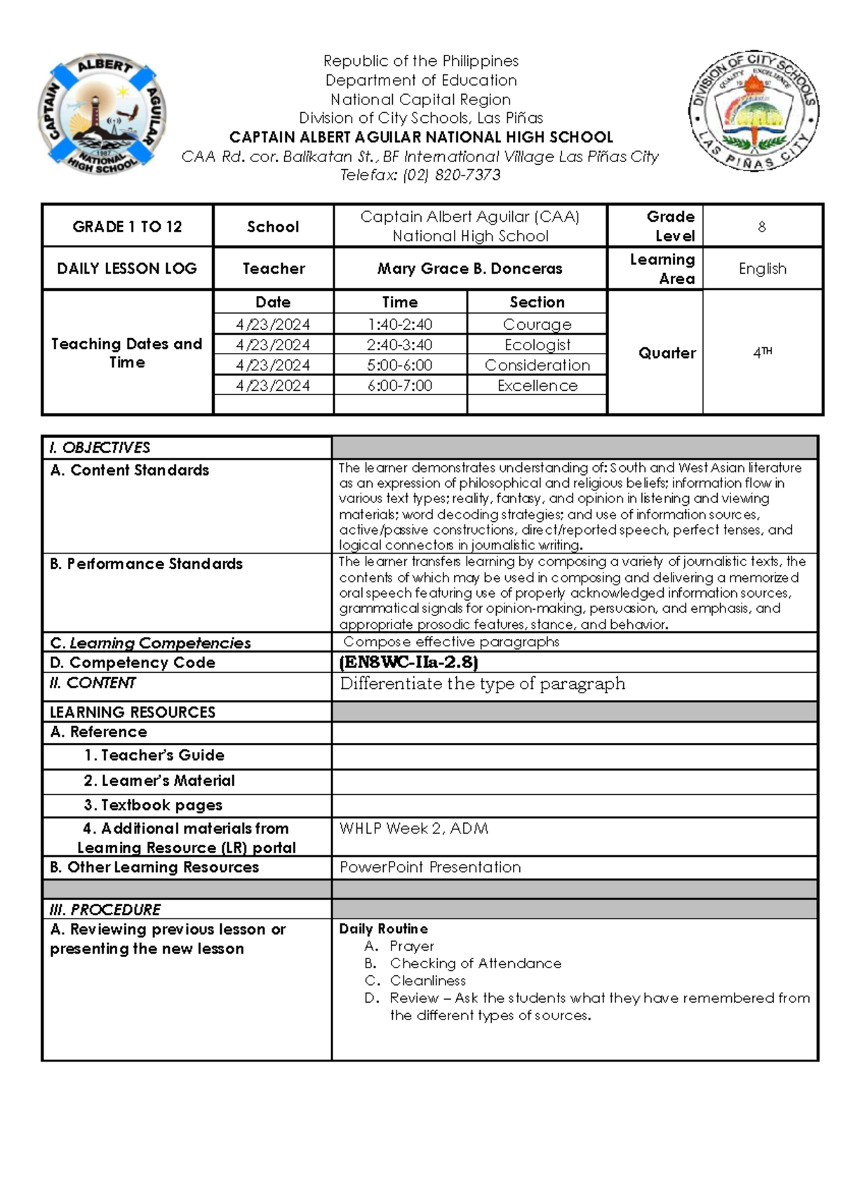 Grade 8 Daily Lesson Log: Types of Paragraphs (DLL-COT 4) - Studocu