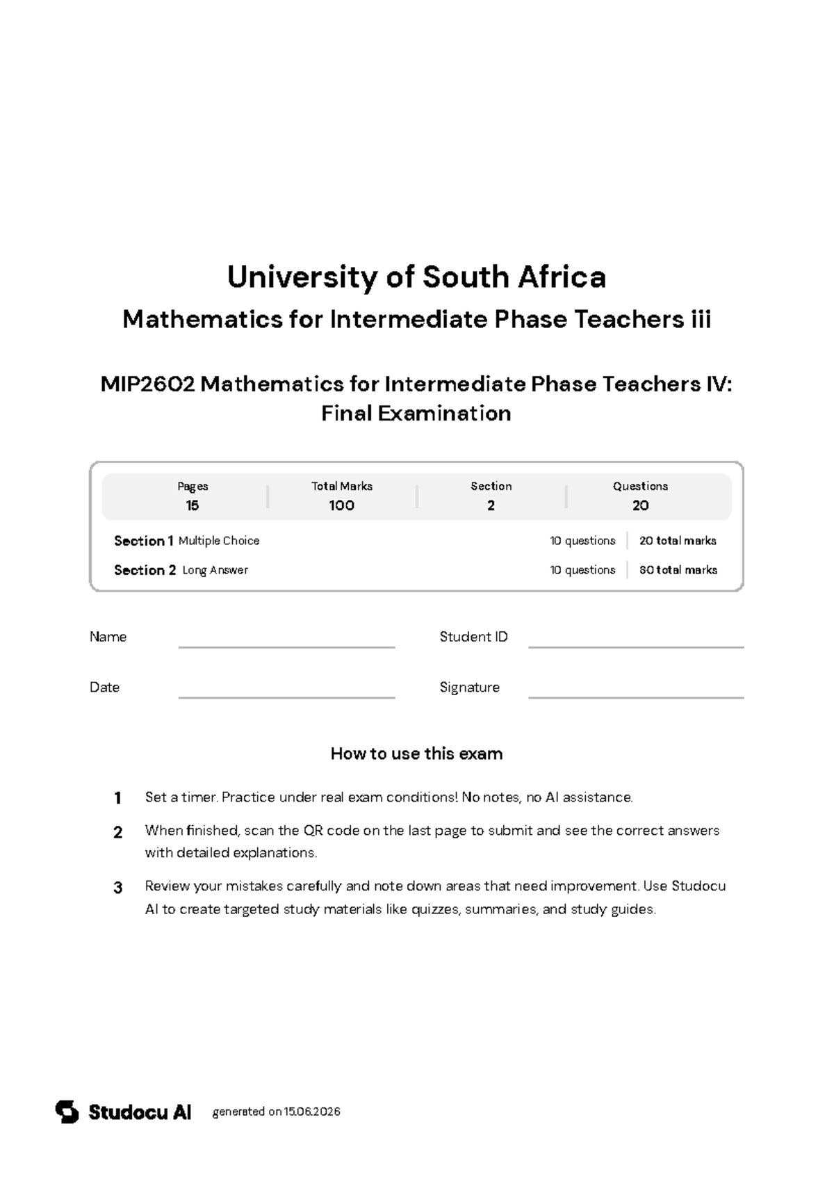 MIP2602 Mathematics for Intermediate Phase Teachers IV: Final Exam ...