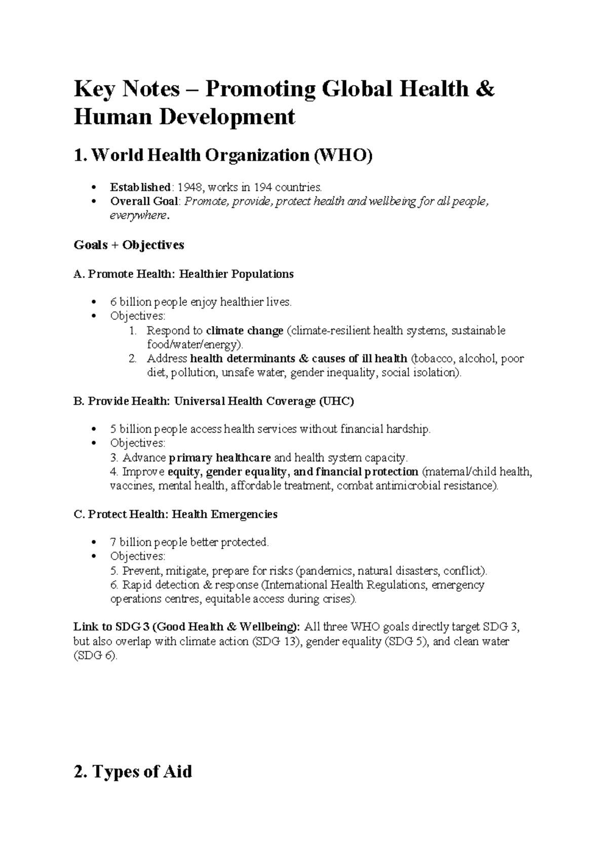 Promoting Global Health & Human Development: Key Notes HHD 1 - Studocu