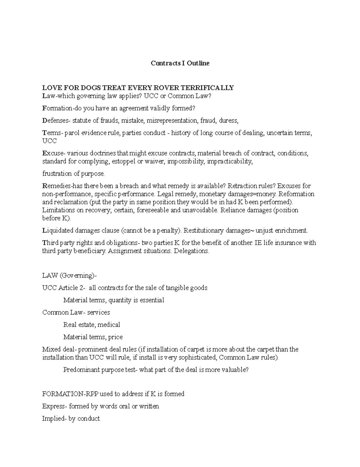 Contracts I Outline Review and Key Concepts Summary - Studocu