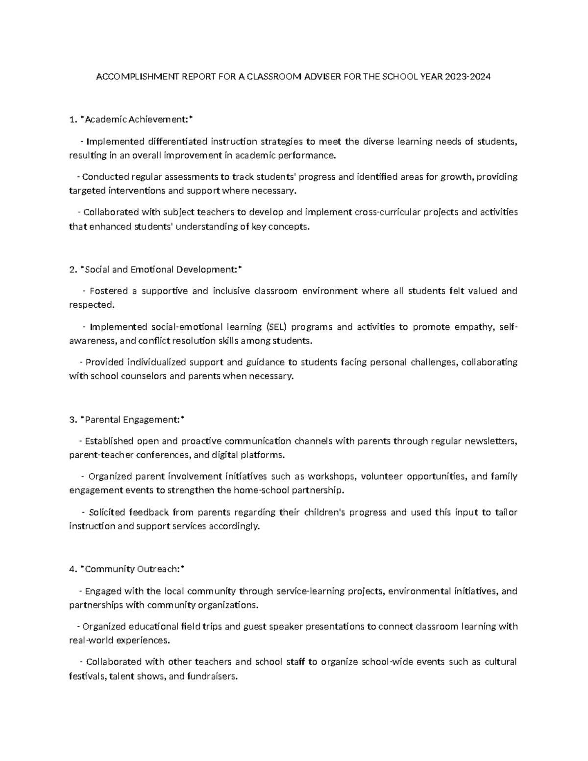 Accomplishment Report: Classroom Adviser AY 2023-24 - Studocu