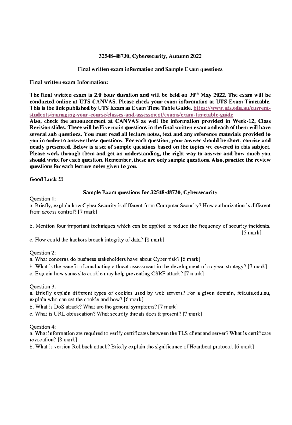 Final Exam Sample Questions for 32548-48730 Cybersecurity - Studocu