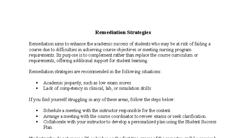 NUR 101: Remediation Strategies for Academic Success - Studocu