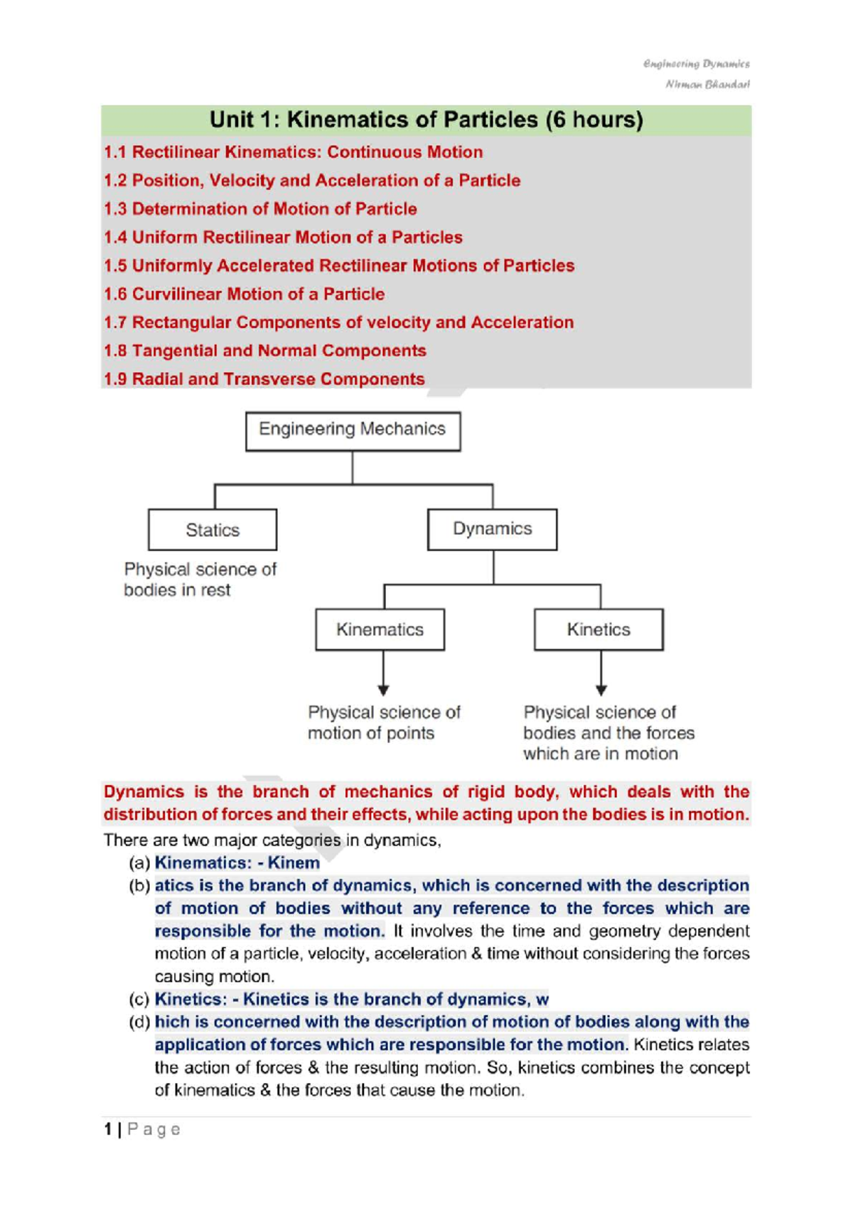 Engineering Dynamics (2nd Sem) - Kinematics of Particles Unit 1 Notes ...