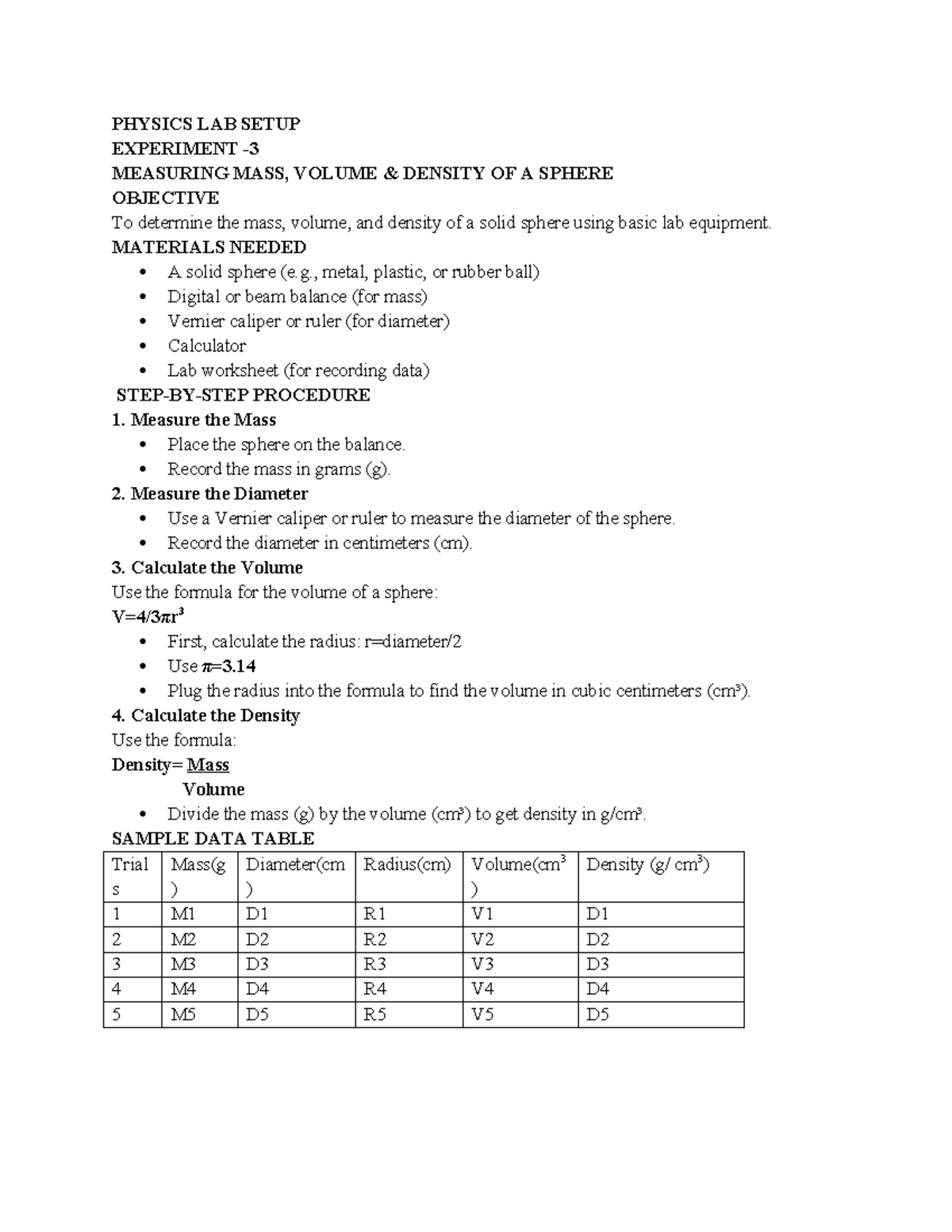 PHYS 101 Lab: Measuring Mass, Volume & Density of a Sphere - Studocu