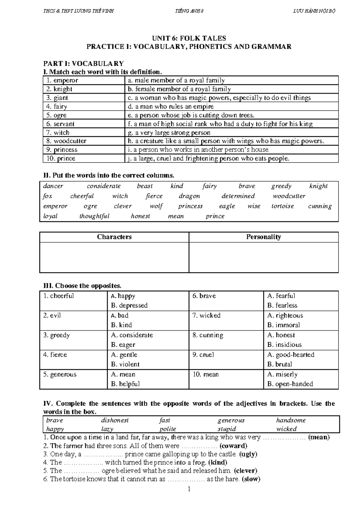 UNIT 6 - Practice 1 - ,l,. - UNIT 6: FOLK TALES PRACTICE I: VOCABULARY ...
