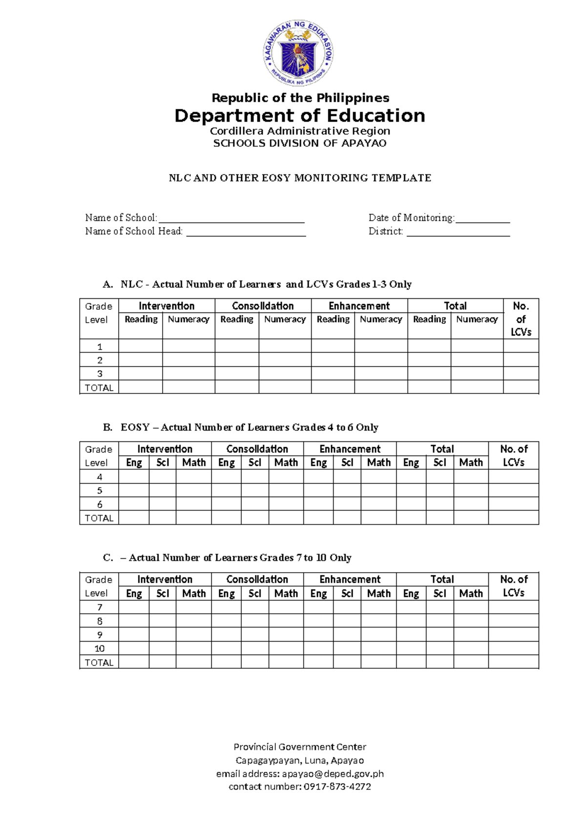 NLC-ME-Tool: Monitoring Template for National Learning Camp - Studocu