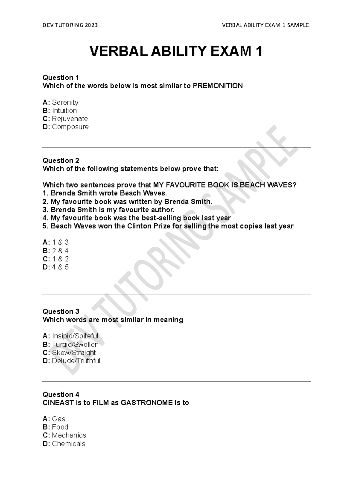 DEV TUTORING 2023 VERBAL ABILITY EXAM 1 SAMPLE QUESTIONS - Studocu