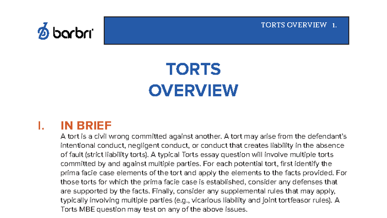TORTS OVERVIEW: Key Concepts and Principles for Exam Success - Studocu