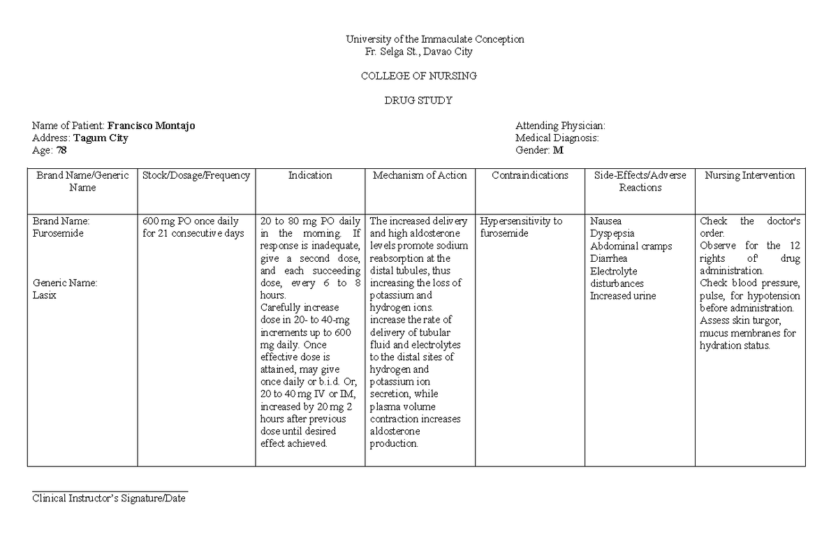 Furosemide - DRUG STUDY - University of the Immaculate Conception Fr ...