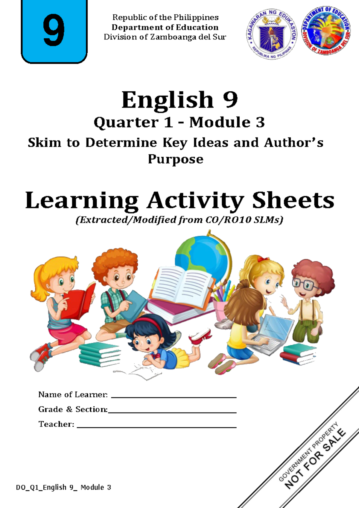 English 9-Q1-M3: Skimming for Key Ideas and Author's Purpose - Studocu