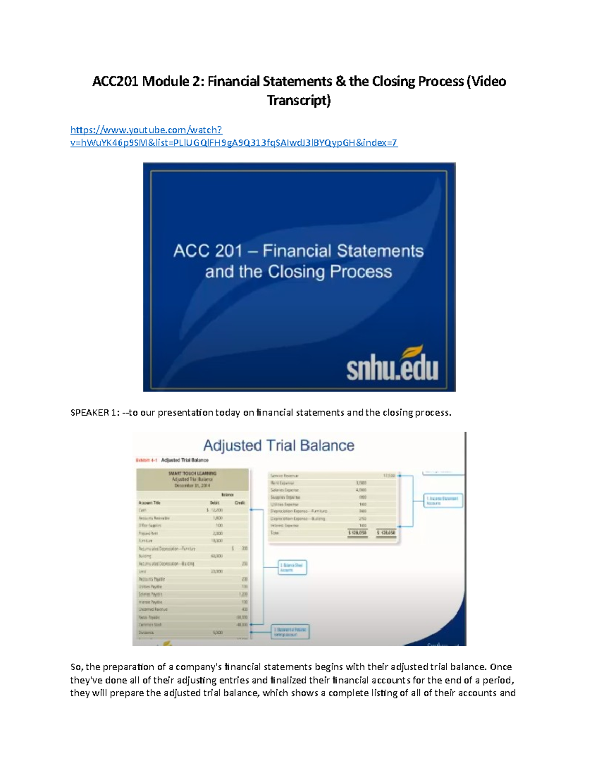 ACC201 Module 2: Financial Statements & Closing Process - Transcript ...