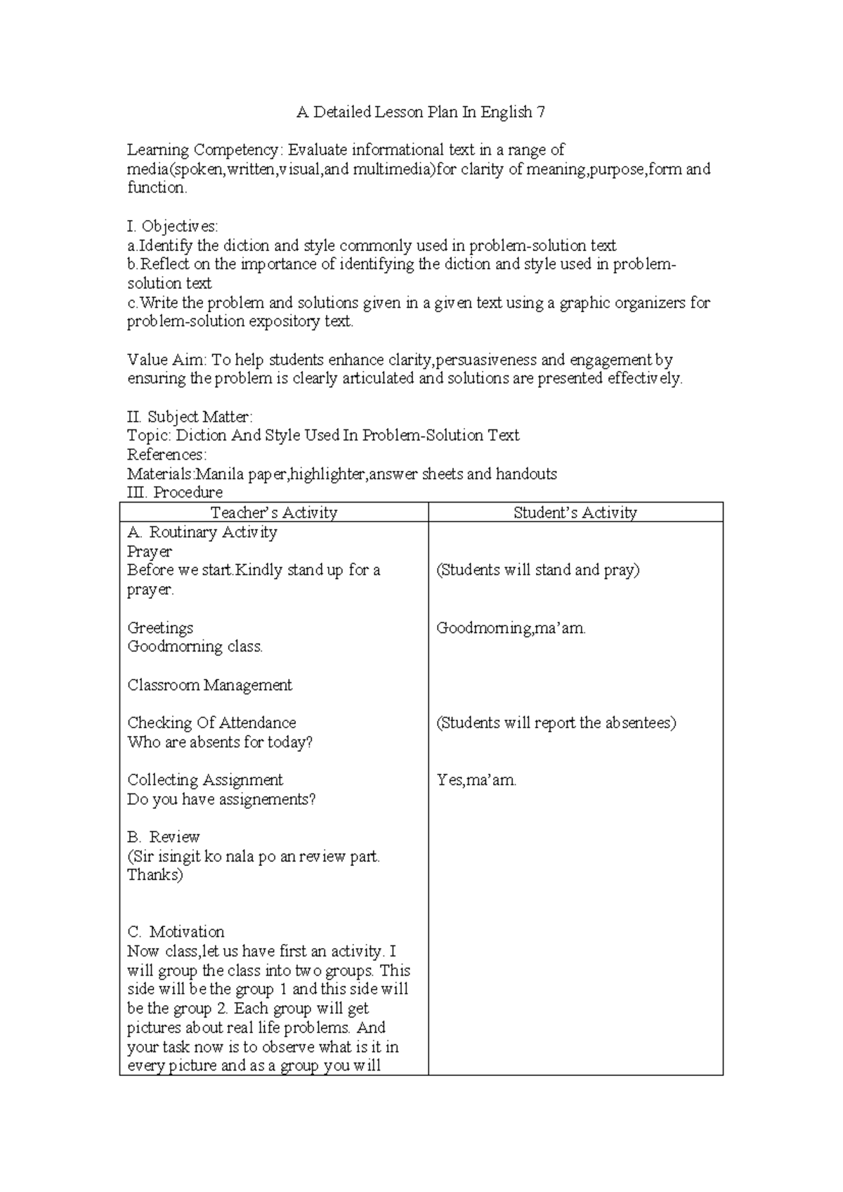DLP In English 7 - Detailed Lesson Plan on Problem-Solution Text - Studocu