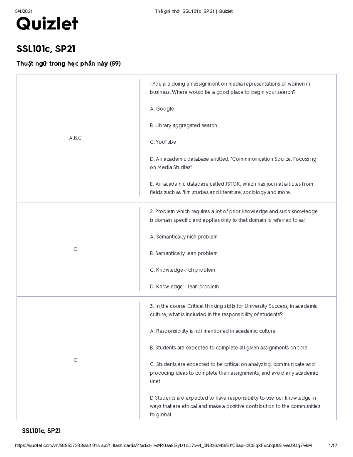 Quizlet Review for SSL101c, SP21 Course Notes on Academic Culture - Studocu