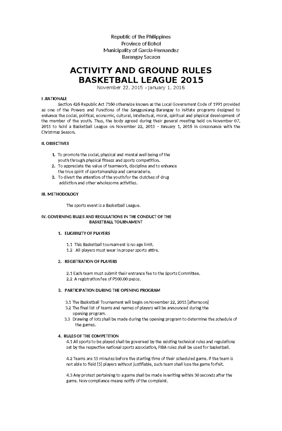 Basketball League 2015 Activity Design in Barangay Sacaon - Studocu