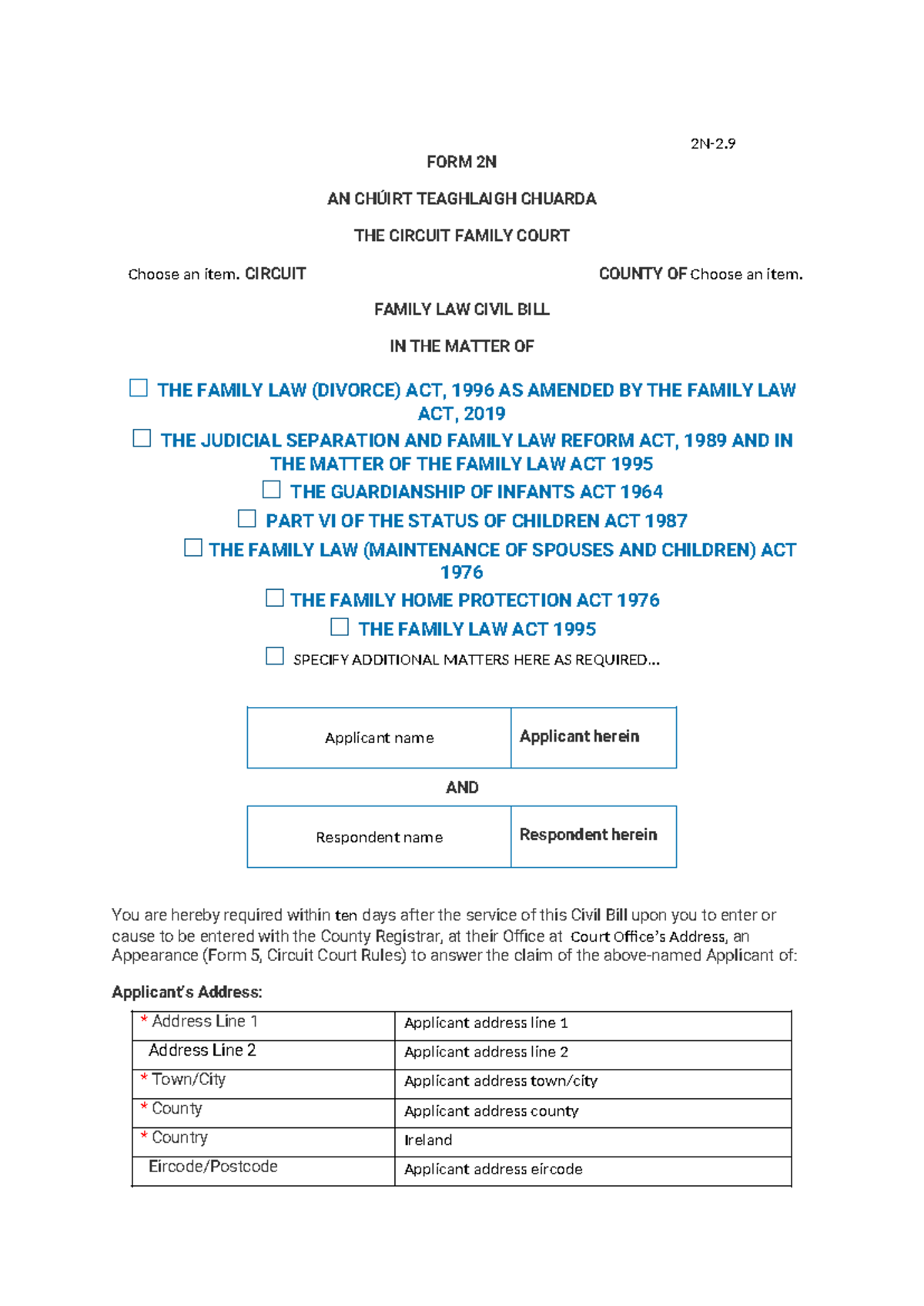 FORM 2N - Civil Bill for Family Law Proceedings in Circuit Court - Studocu