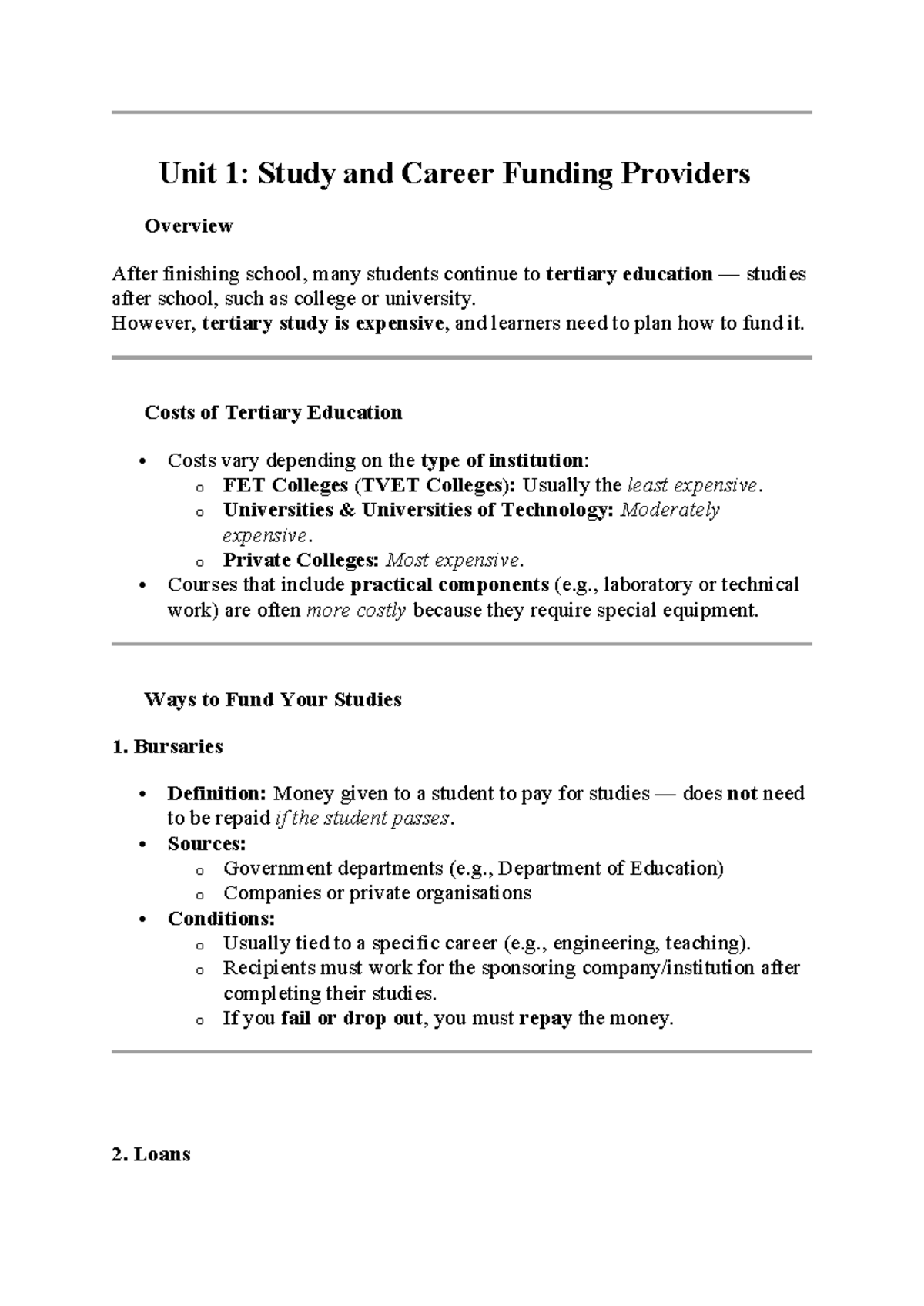 Unit 1: Overview of Tertiary Education Funding Options - Studocu