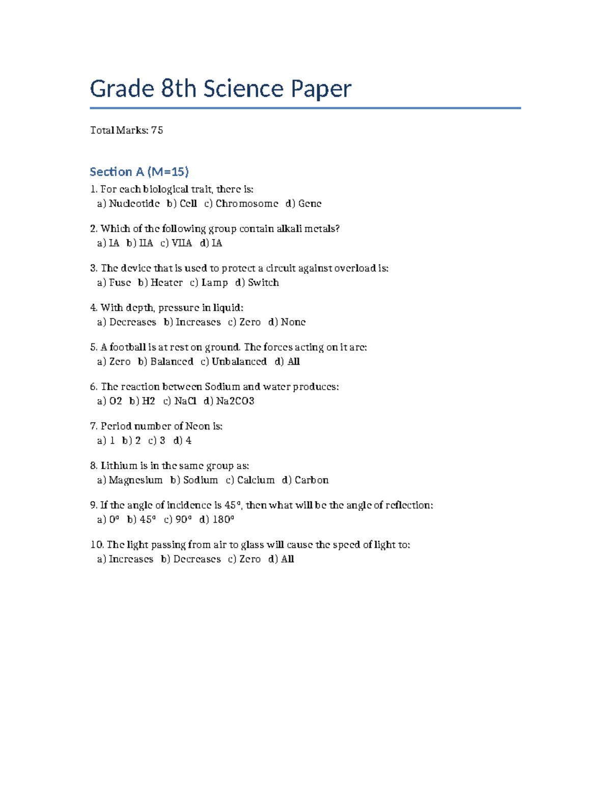 Science Question Paper Class 8th - Total Marks: 75 - Studocu