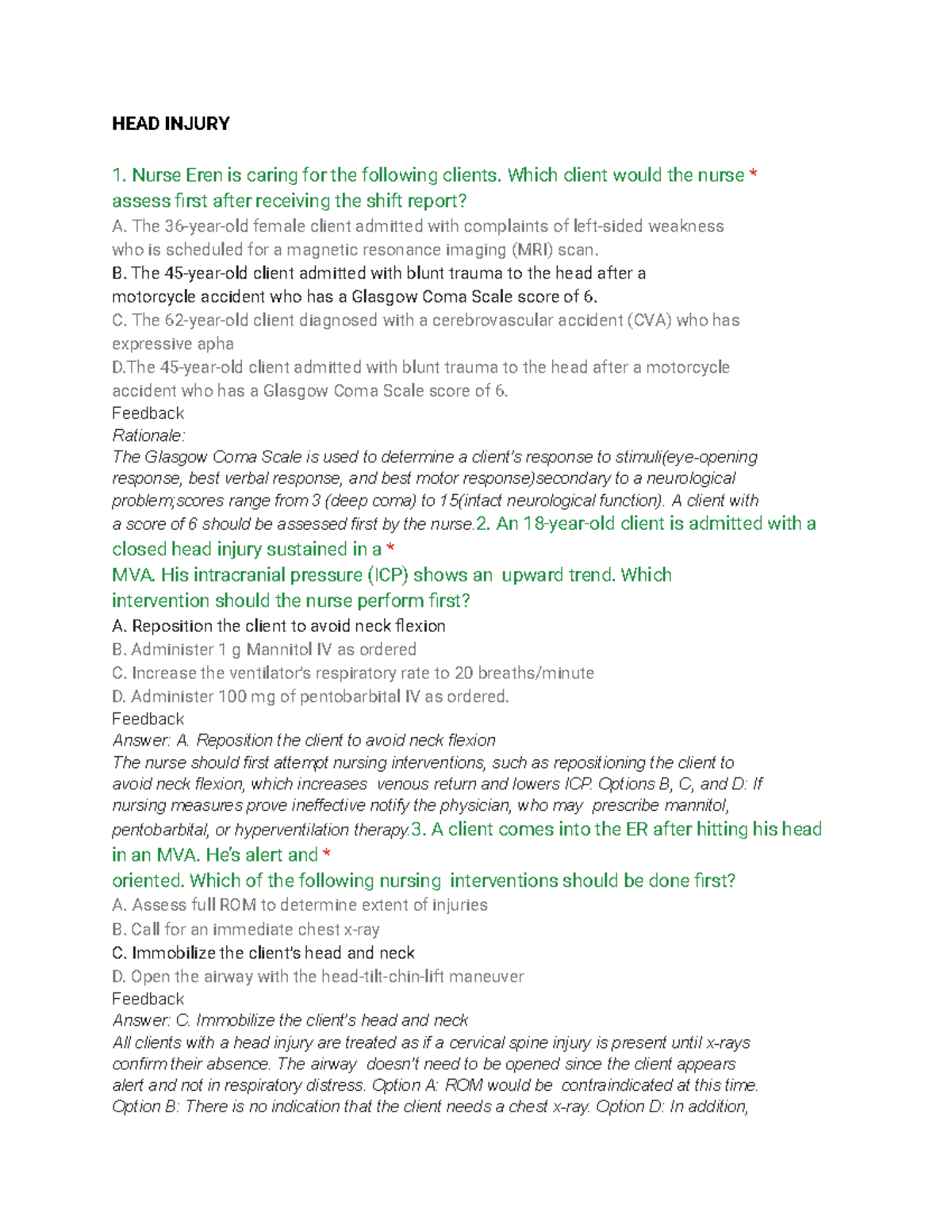 HEAD INJURY 1-5: Prioritizing Nursing Interventions in Trauma Care ...