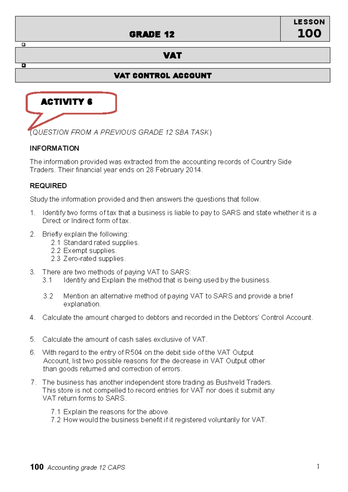 LESSON 100.2 GRADE 12 VAT CONTROL ACCOUNT ACTIVITY 6 NOTES - Studocu