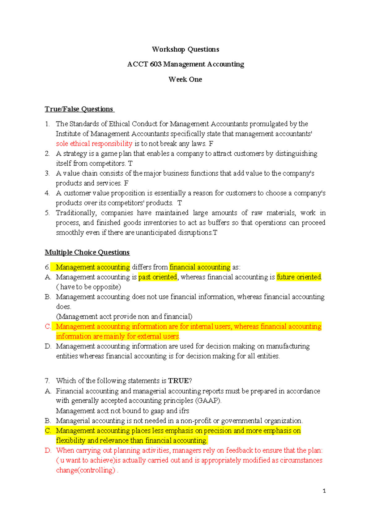Week 1 Workshop questions - Workshop Questions ACCT 603 Management ...