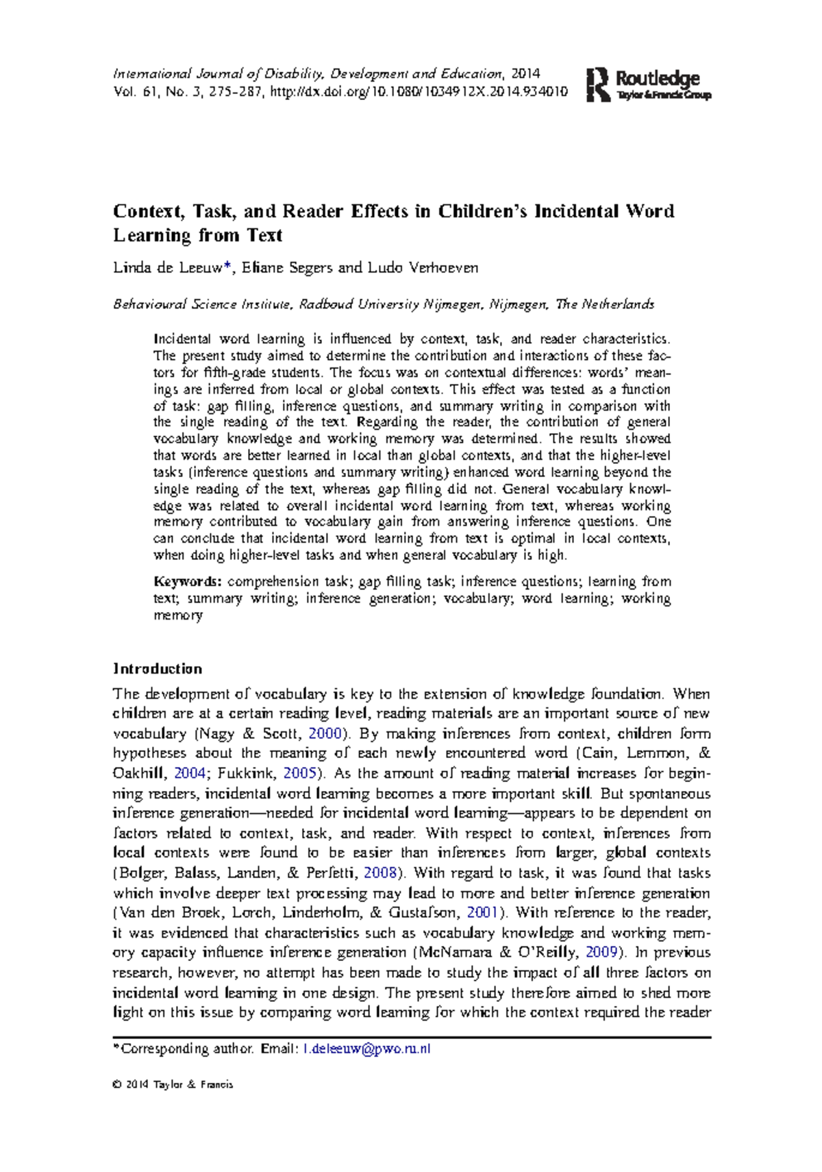 Context, Task, and Reader Effects in Children's Incidental Word ...
