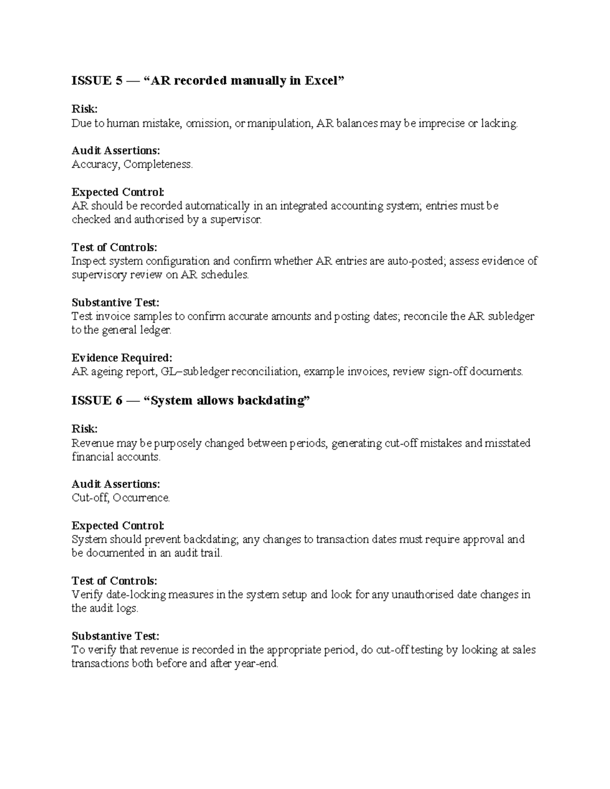 Audit Issues 5 & 6: Risks, Controls, and Testing in AR & Revenue - Studocu