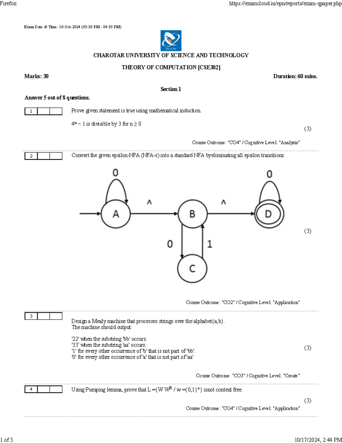 CSE302: Theory of Computation Midterm Exam Paper - Studocu