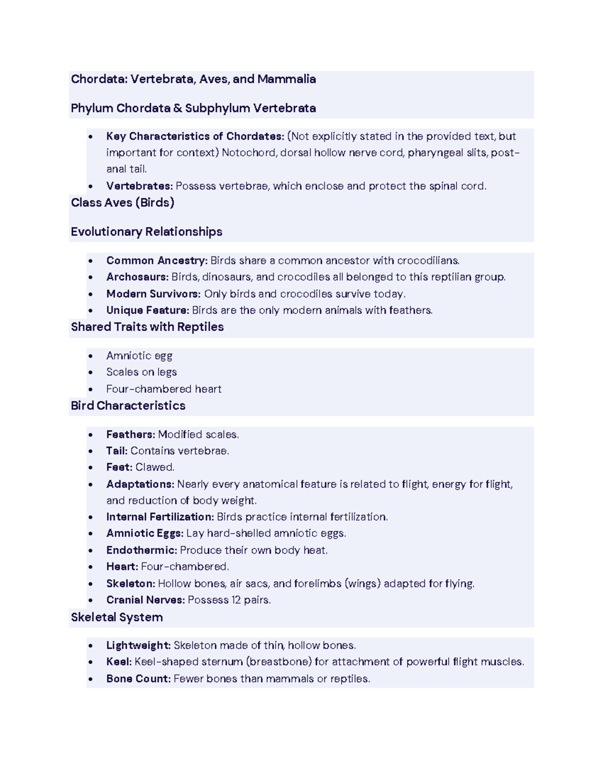 Lecture 18: Key Characteristics of Chordata - Aves & Mammalia - Studocu
