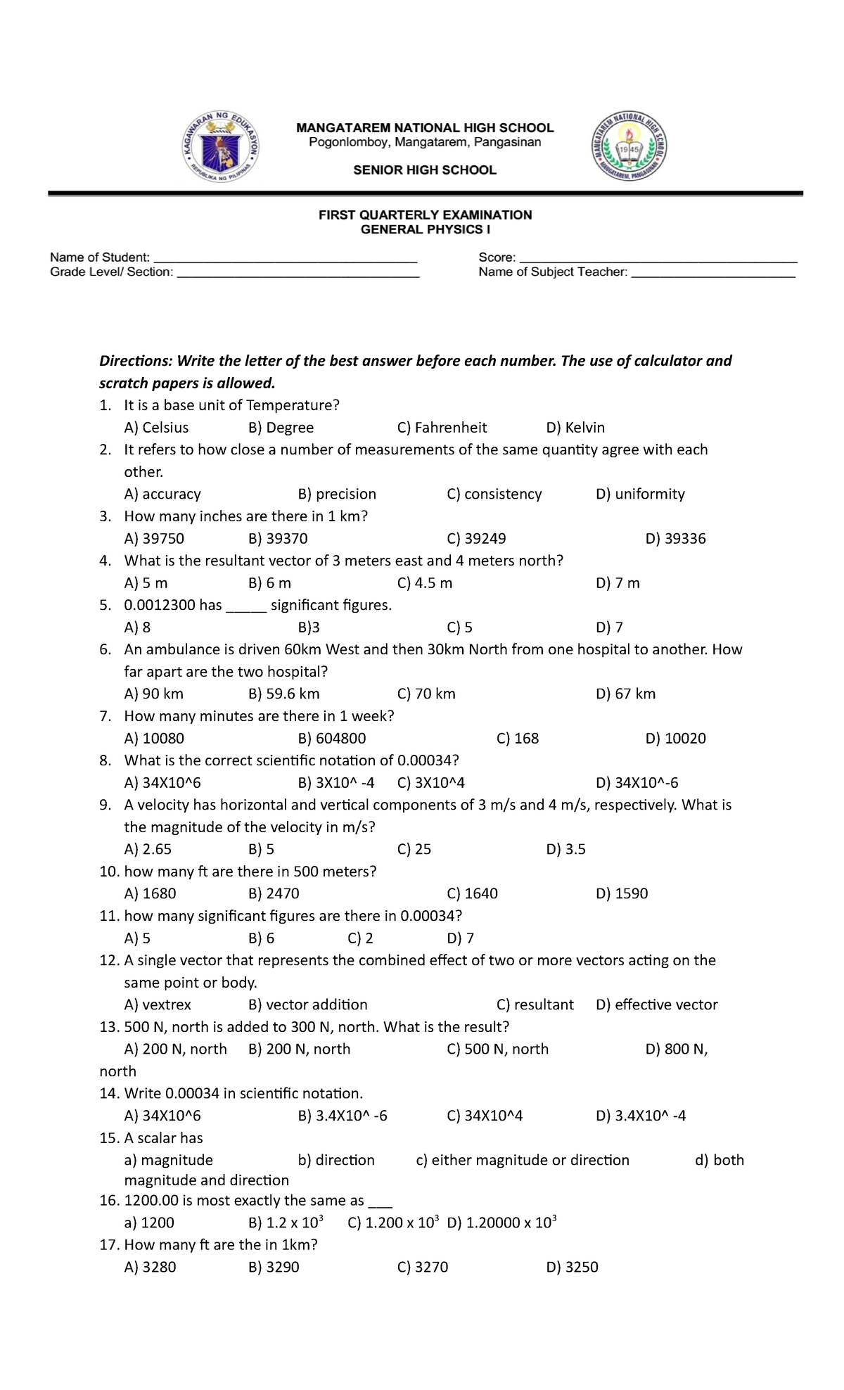 1st- Quarter-EXAM-in- General- Physics-I 2021 - Directions: Write the ...
