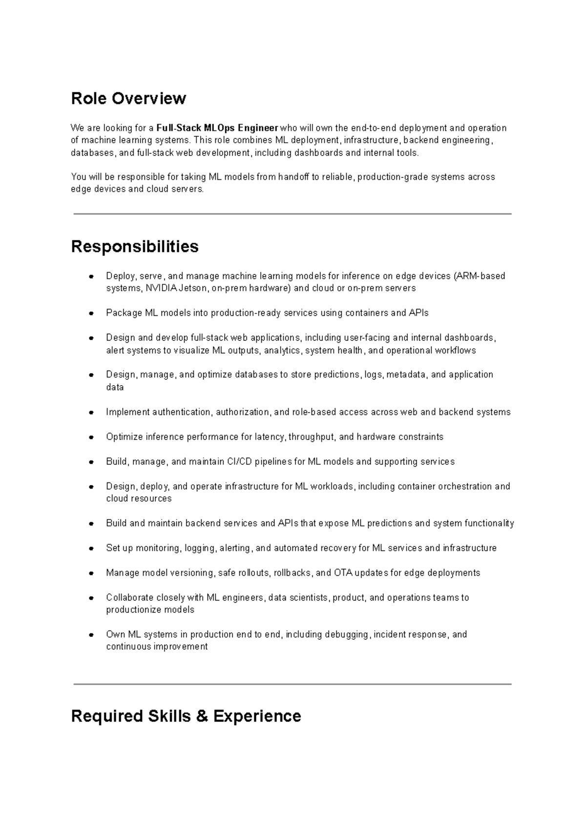 Full Stack MLOps Engineer Job Description (JD) 32a05a5cf1 - Studocu