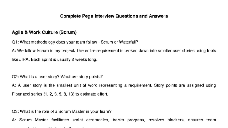 Pega Interview Questions & Answers for Agile Work Culture (Scrum) - Studocu