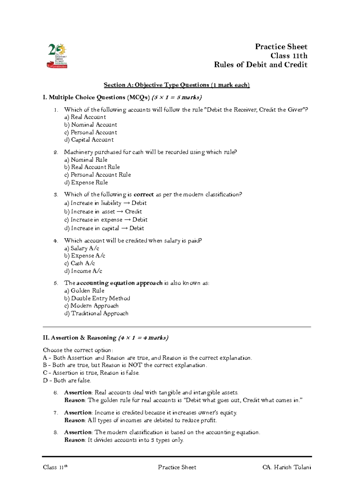 Class 11th Practice Sheet: Rules of Debit and Credit (PS-2) - Studocu
