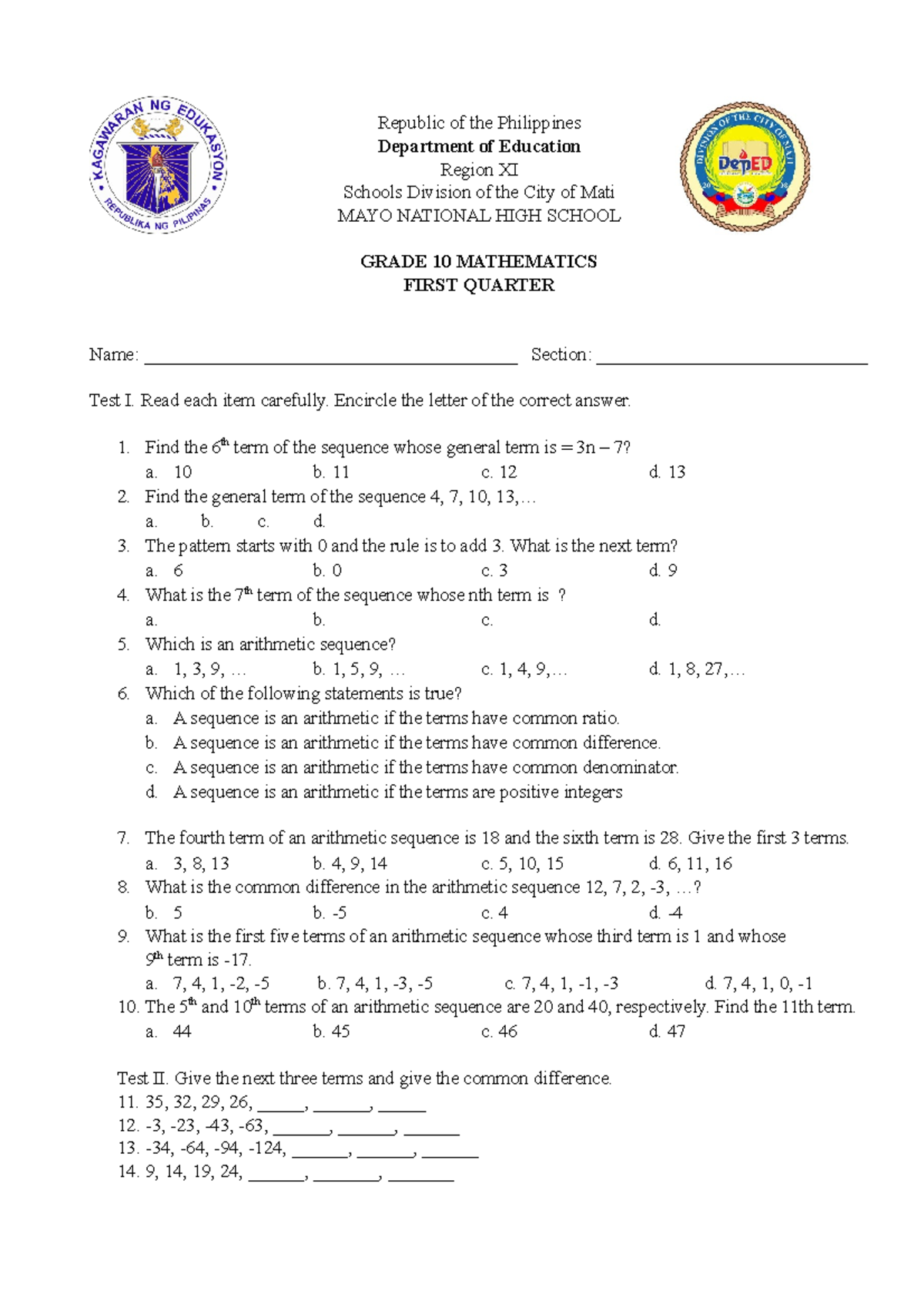 Q1 Math 10 Exam - Summative Test Questions and Solutions - Studocu
