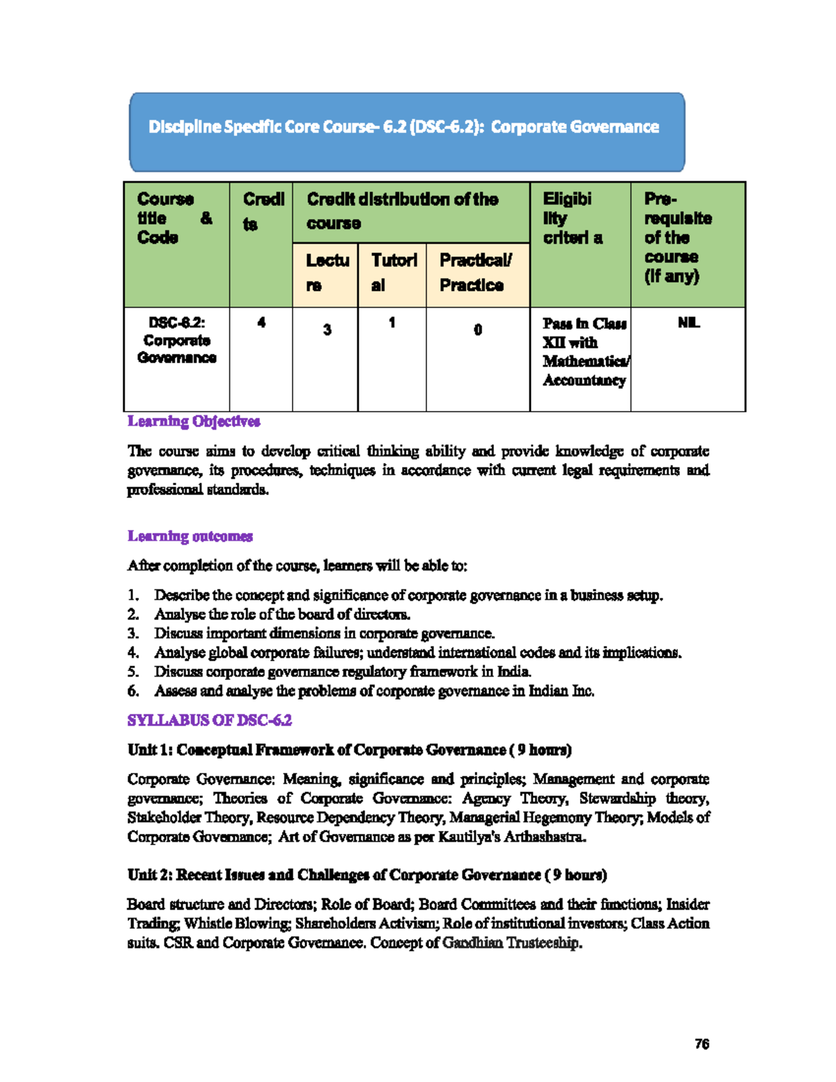 Corporate Governance Syllabus - Course Code: Discipline Specific Core 6 ...