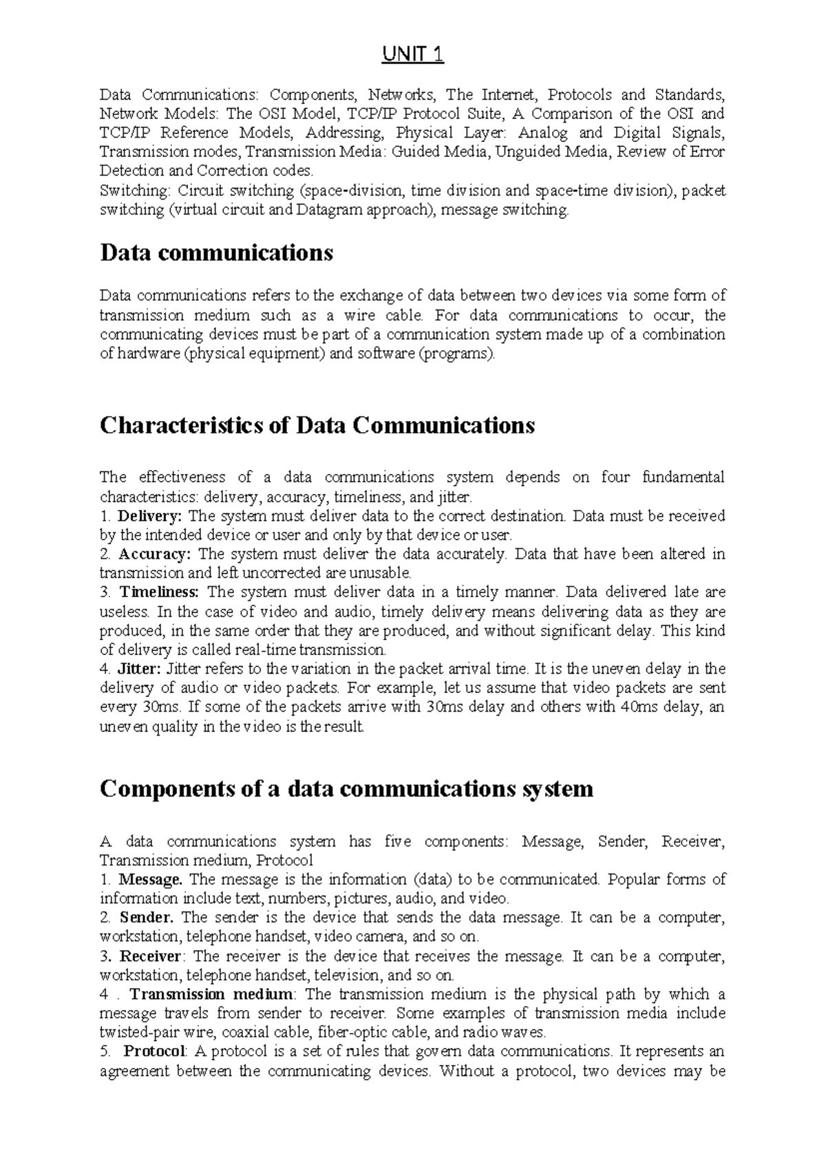 UNIT 1 NV: Data Communications Overview and Key Concepts - Studocu