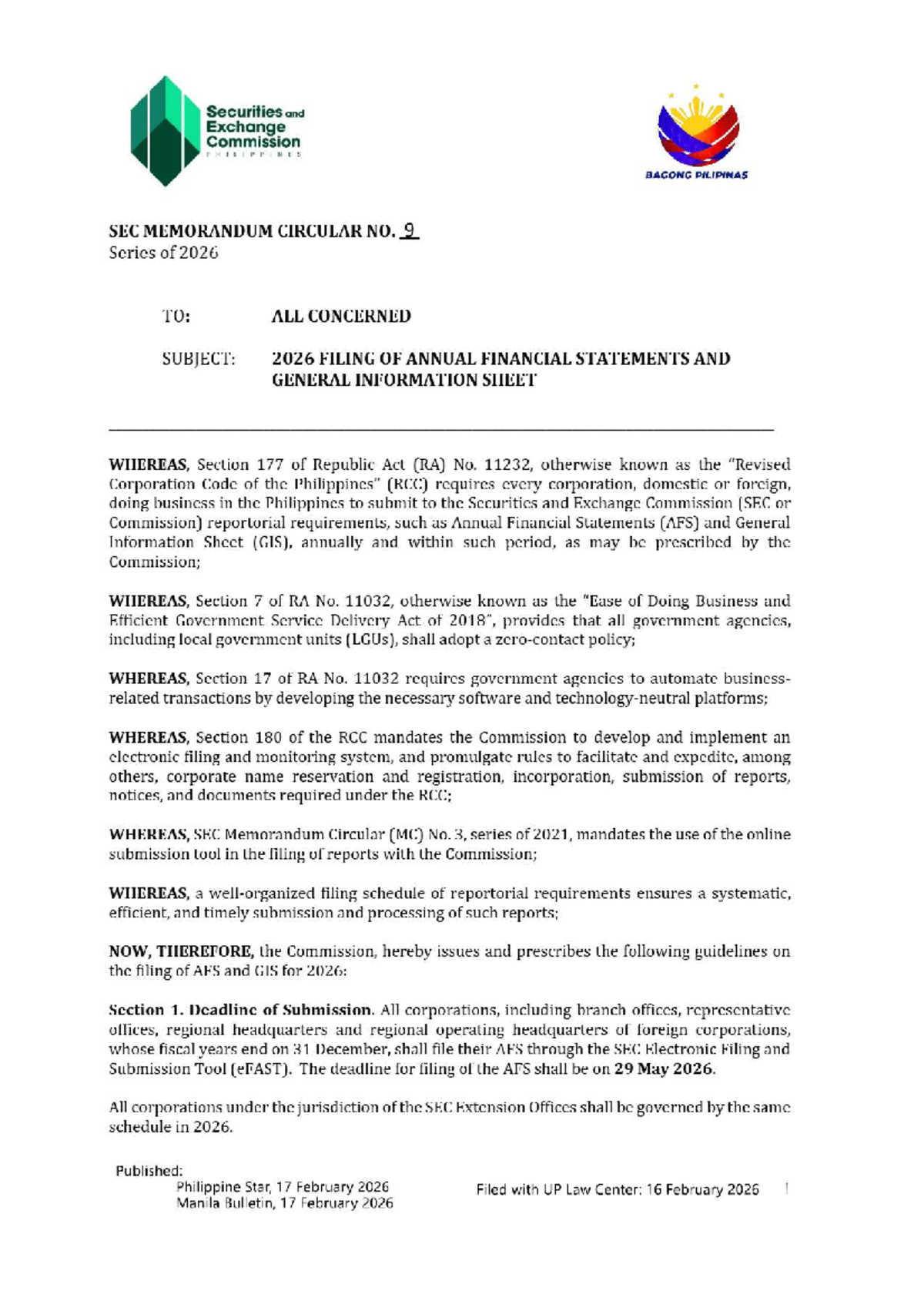 SEC MC No. 09, Series of 2026: Guidelines for AFS & GIS Filing - Studocu