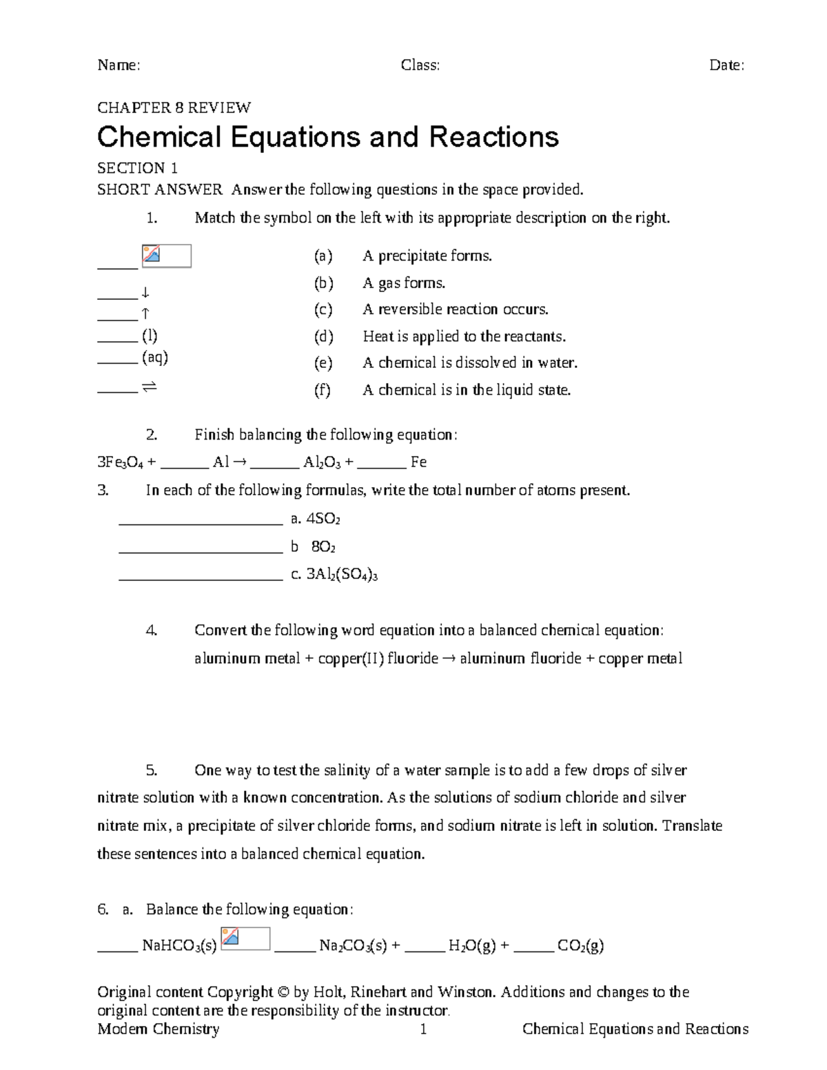Chapter 8 Review: Chemical Equations & Reactions Study Guide 21 - Chem ...