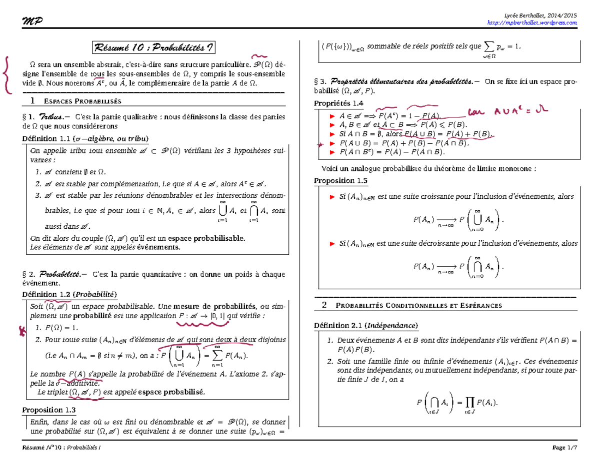 Résumé des Probabilités I - Lycée Berthollet, MP - Studocu
