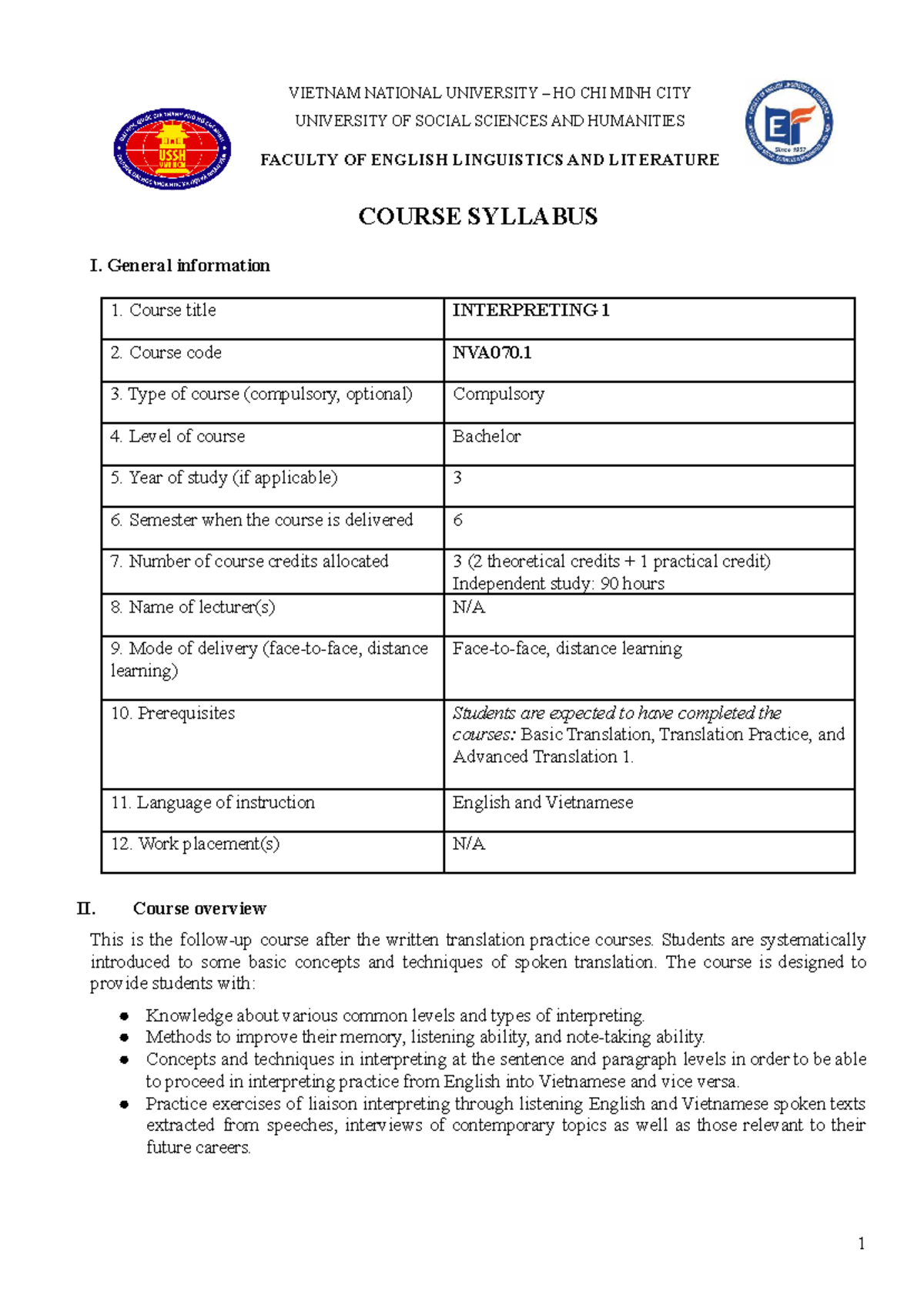NVA070 - Course Syllabus for Interpreting 1 (Final Exam) - Studocu