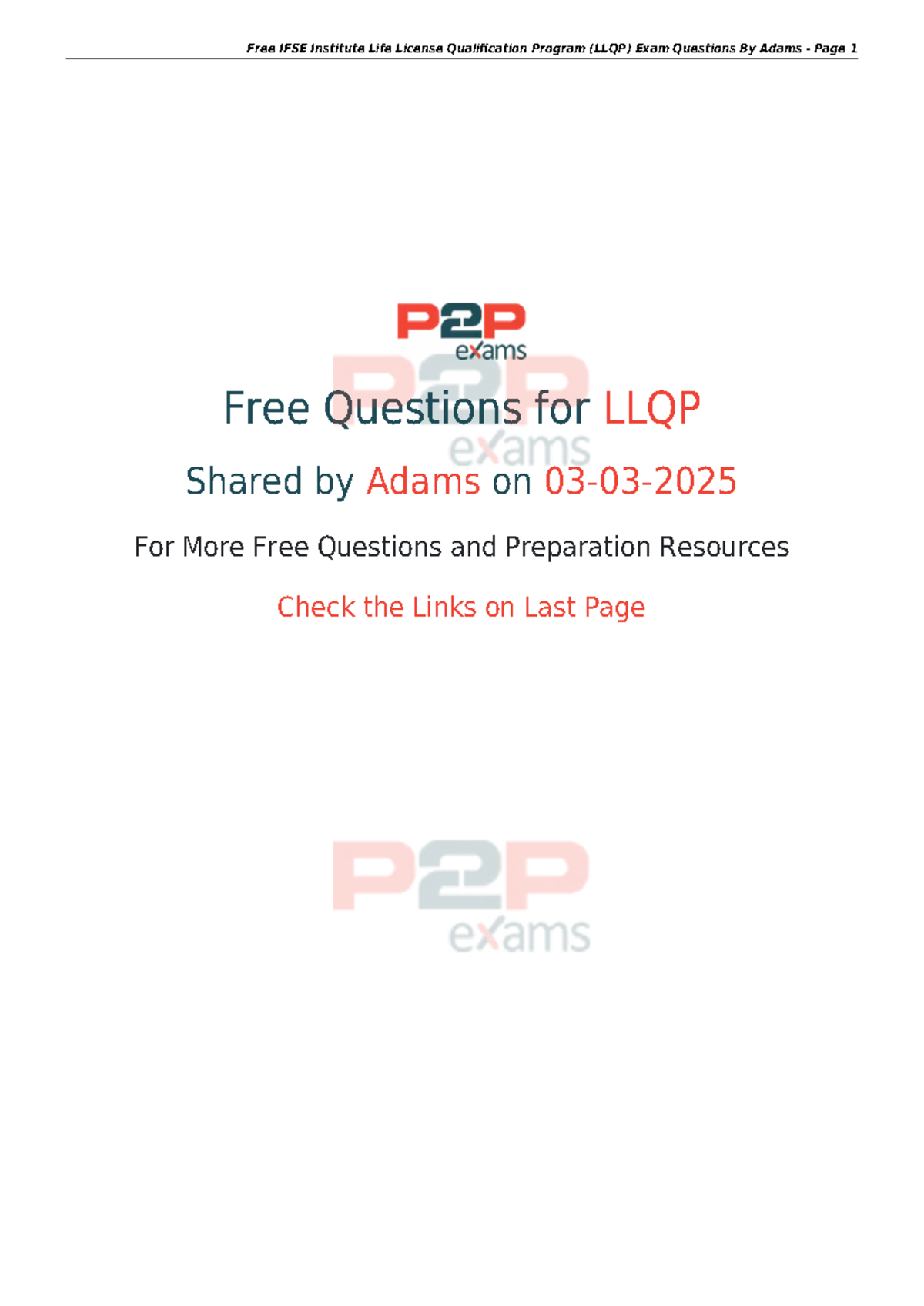 Free LLQP Exam Questions for IFSE Institute Life License Program - Studocu