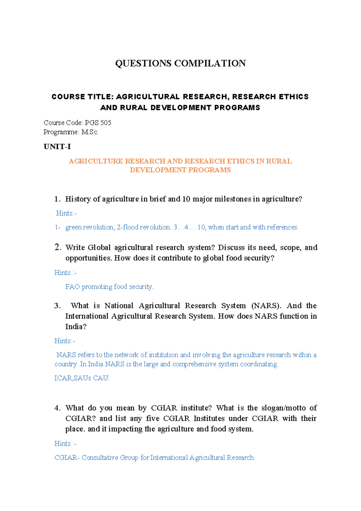 PGS 505 Agricultural Research: Key Questions & Insights - Studocu