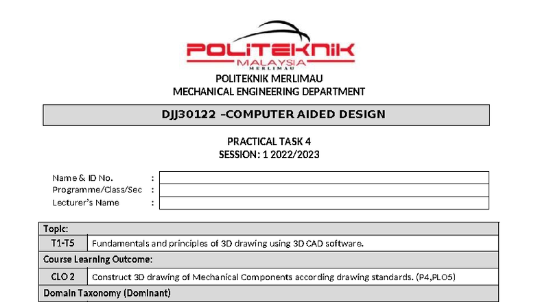 DJJ30122 - CAD Practical Task 4: 3D Drawing Fundamentals - Studocu