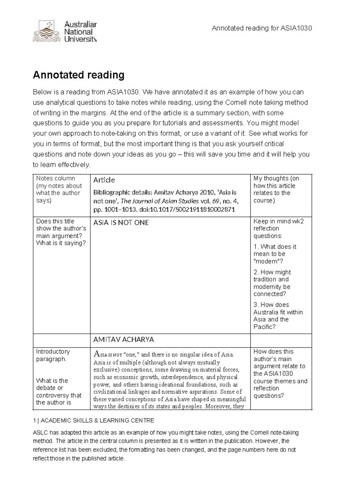 Annotated Reading Notes for ASIA1030: Amitav Acharya's Insights - Studocu