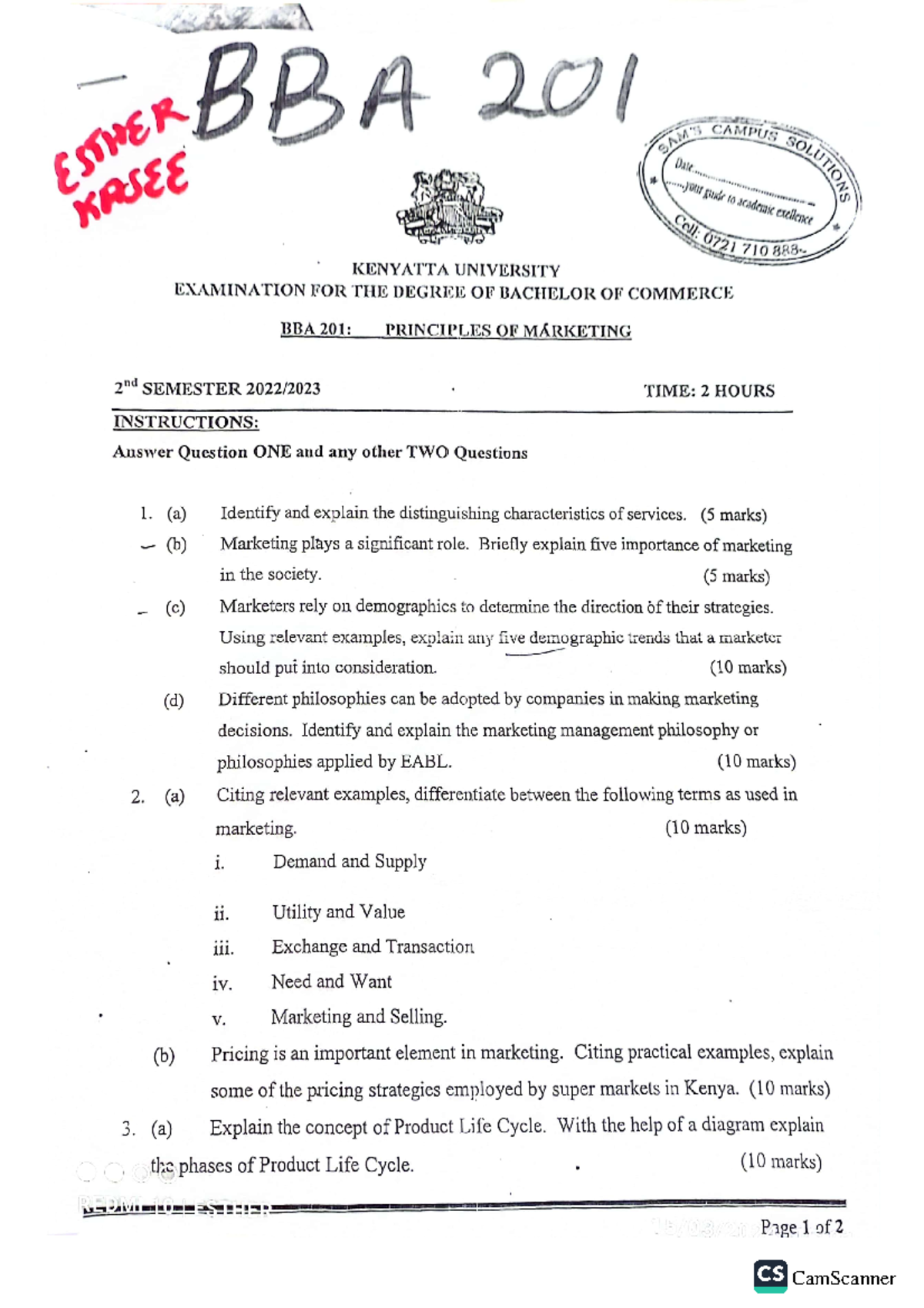 BBA 201 past papers courtesy of Esther Kasee - Business com - Studocu
